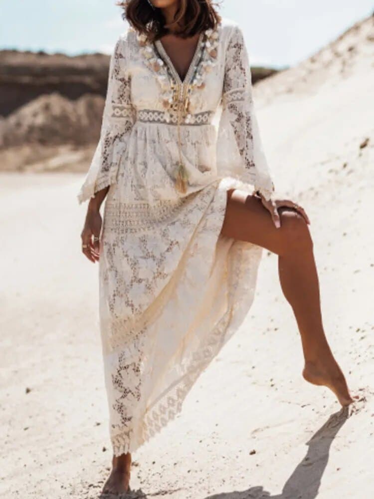 Robe bohème longue col V, dentelles transparentes - Robes Bohemes
