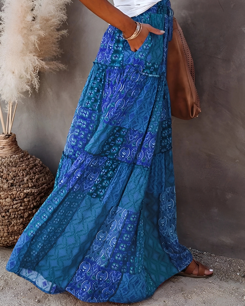 Jupe longue bohème taille haute à plusieurs niveaux avec poches - Robes ...